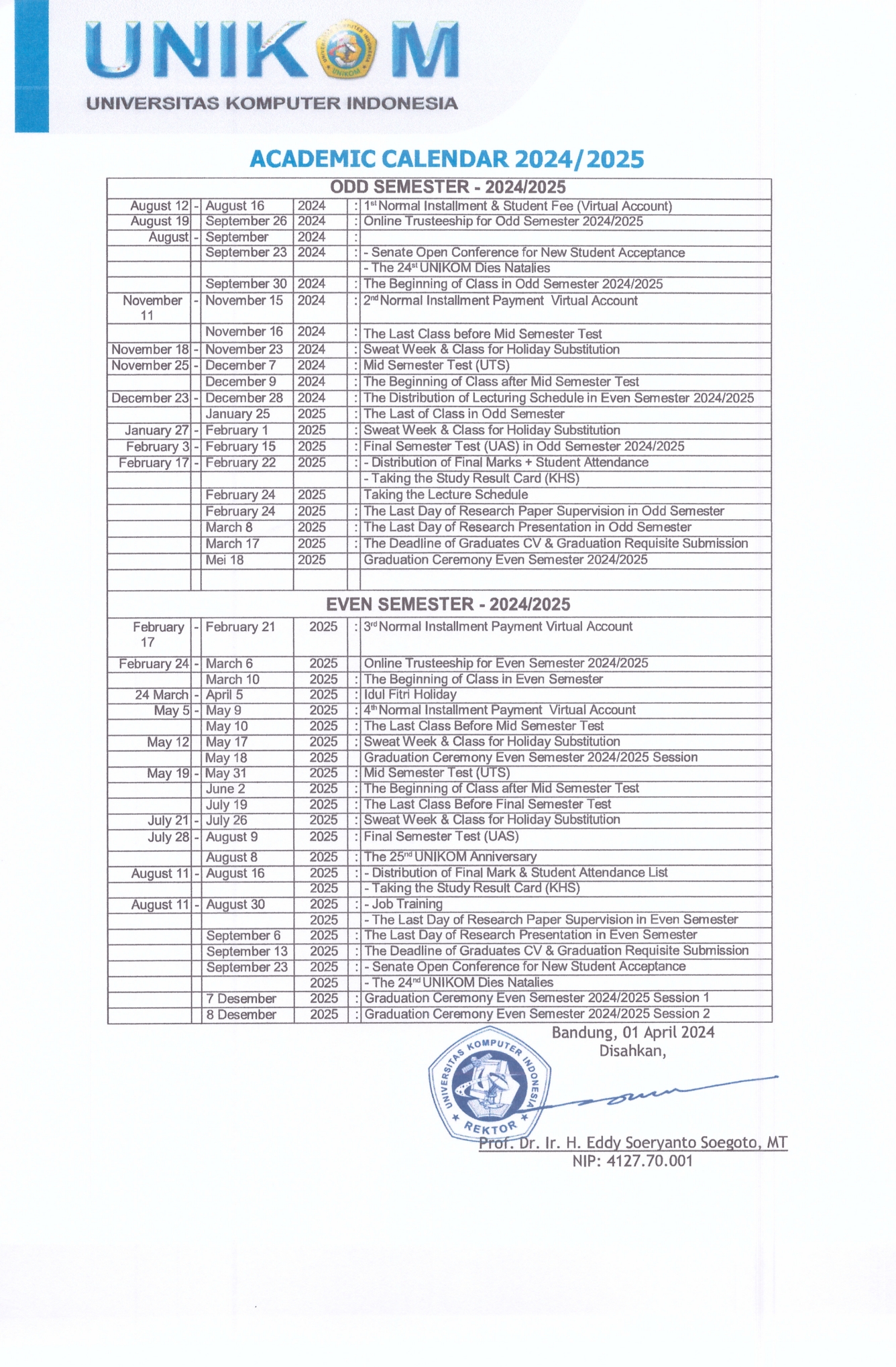Kalender Akademik – Program Studi Manajemen Pemasaran UNIKOM